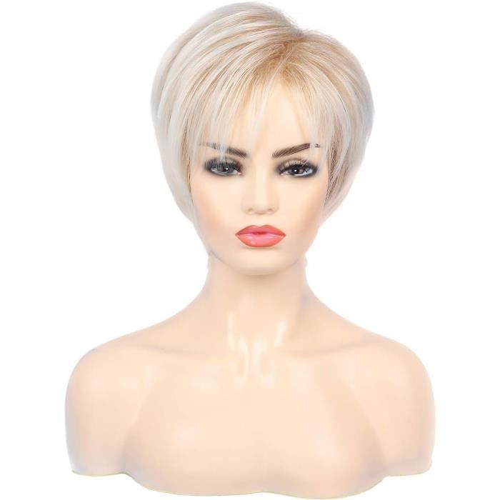 Court Perruque Blonde Pixie Cut Perruque Avec Frange Droite Synthétique ...