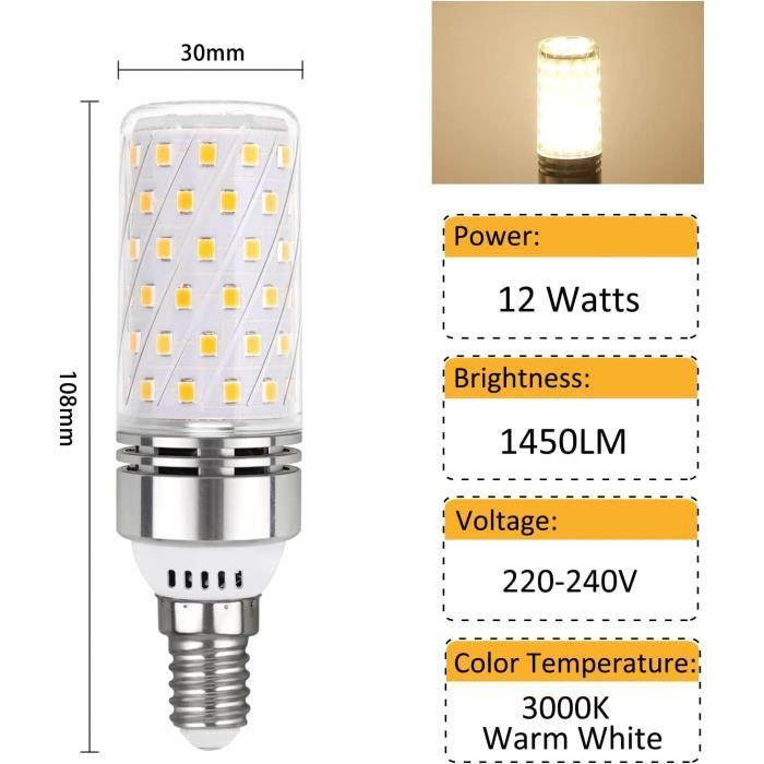 Ampoule Led E14 12W Blanc Chaud 3000K 1450Lm, 84 Leds, Équivalent Lampe Halogène E14 100W, Ac ...