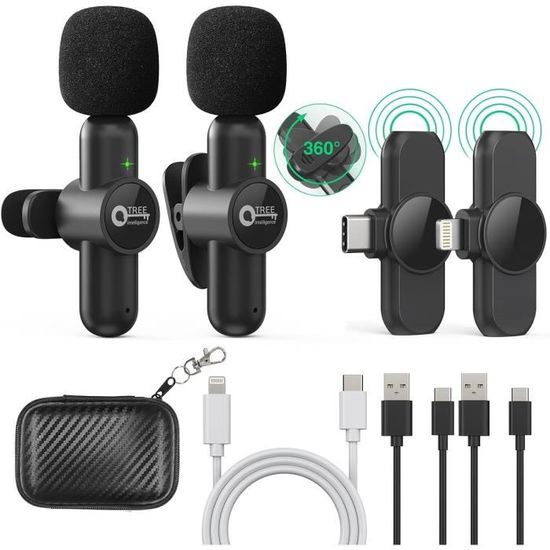 Microphone Lavalier sans fil pour iPhone, Android (2 microphones et 2 récepteurs) - Plug and ...