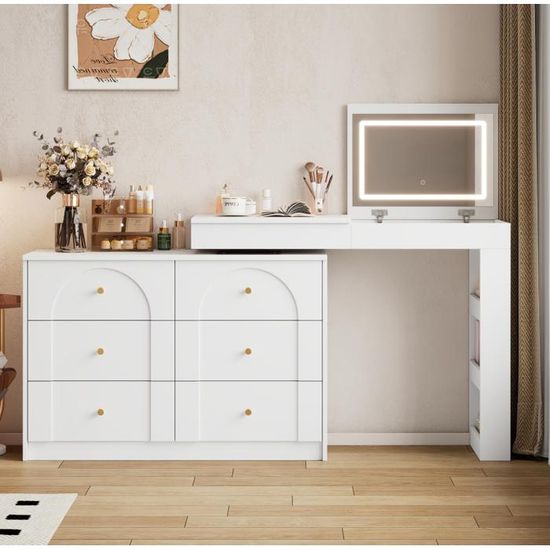 Coiffeuse Table de beauté rotative avec éclairage LED, table de ...