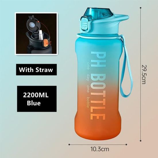 GOURDE - BIDON,2200ml Blue--Bouteille D'eau Avec Paille De 2200ml, Grande Capacité, Pour Le ...
