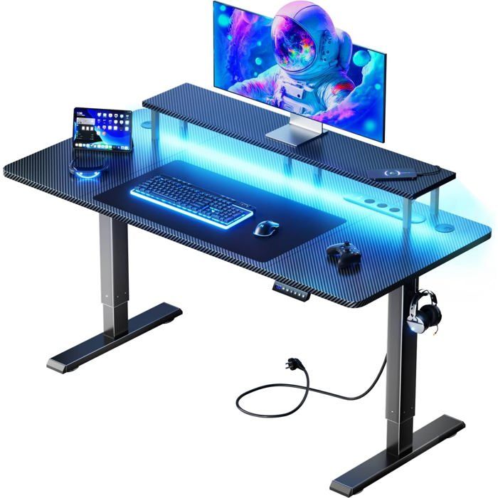 HLONONE Bureau Gaming LED, Bureau Gamer avec Prise Intégrée & Port USB ...