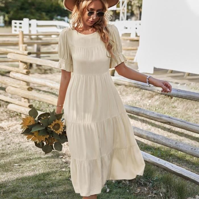 Robe femme chic et elegant Col ras du cou Vacances à la plage - Beige ...