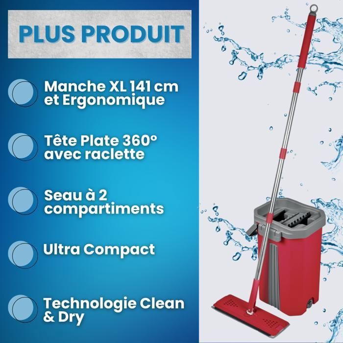 Smart Mop Compact – Balai à tête extra large et pivotante 360° + Seau ...