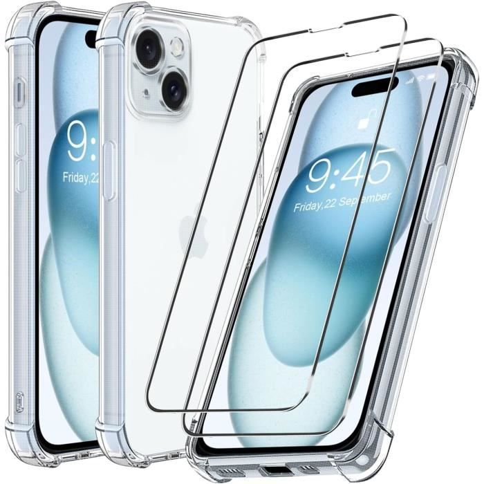 Coque pour iPhone 15 - MASSILIA TECH - Silicone transparent - 2 vitres en verre trempé ...