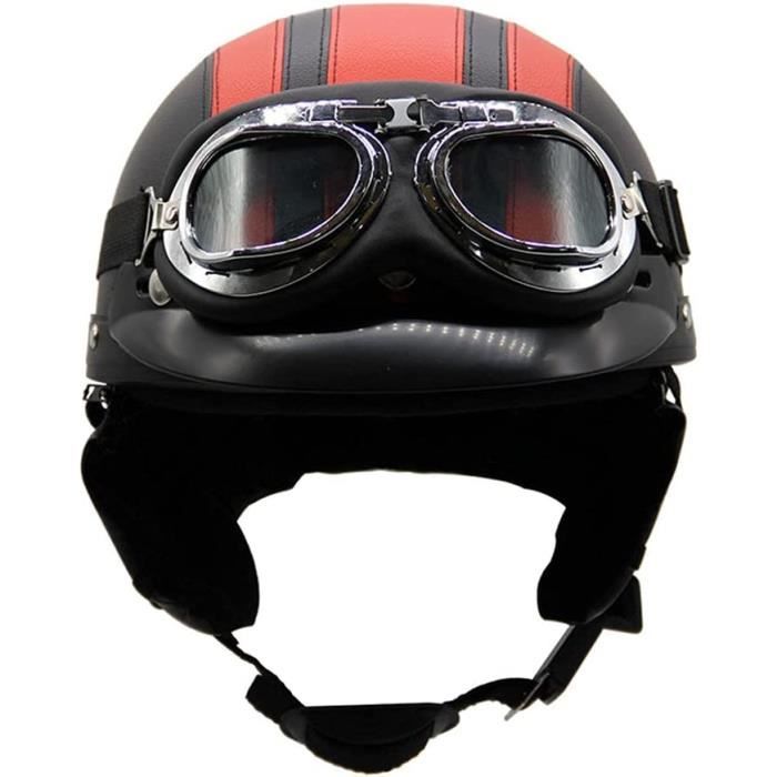 Casque Moto Cuir Vintage avec Lunettes Casque de Pilote Rétro Casque ...