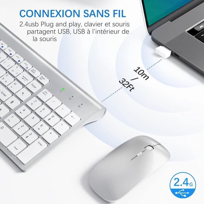 Ensemble Clavier Et Souris Sans Fil Ultra-Mince Avec Pad Souris, 2.4G ...