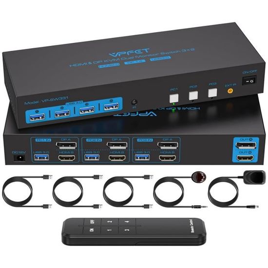 Usb3.0 Hdmi+Displayport Kvm Switch 3 Pc 2 Moniteurs 4K60Hz Commutateurs ...