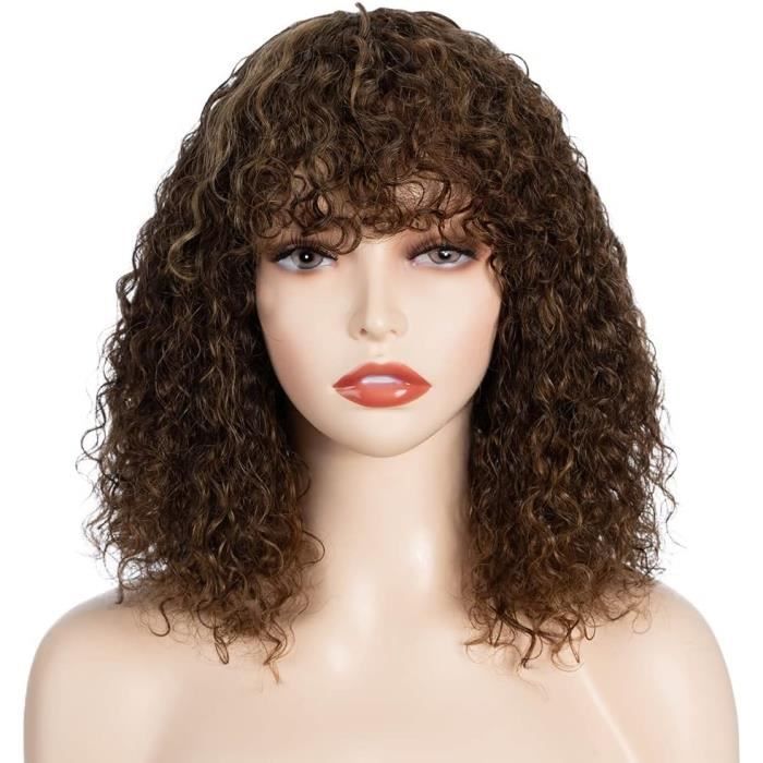 Short Curly Human-Hair Wigs With Bangs 12 Inch Jerry Curl Bob Wigs ...