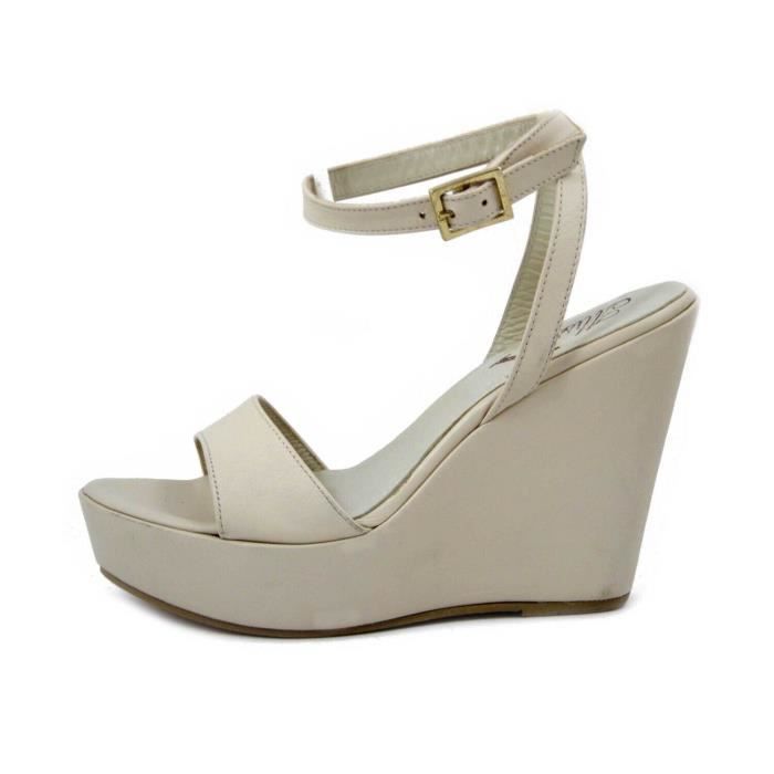 Sandales pour femme en cuir beige - OSVALDO PERICOLI - Talon compensé ...