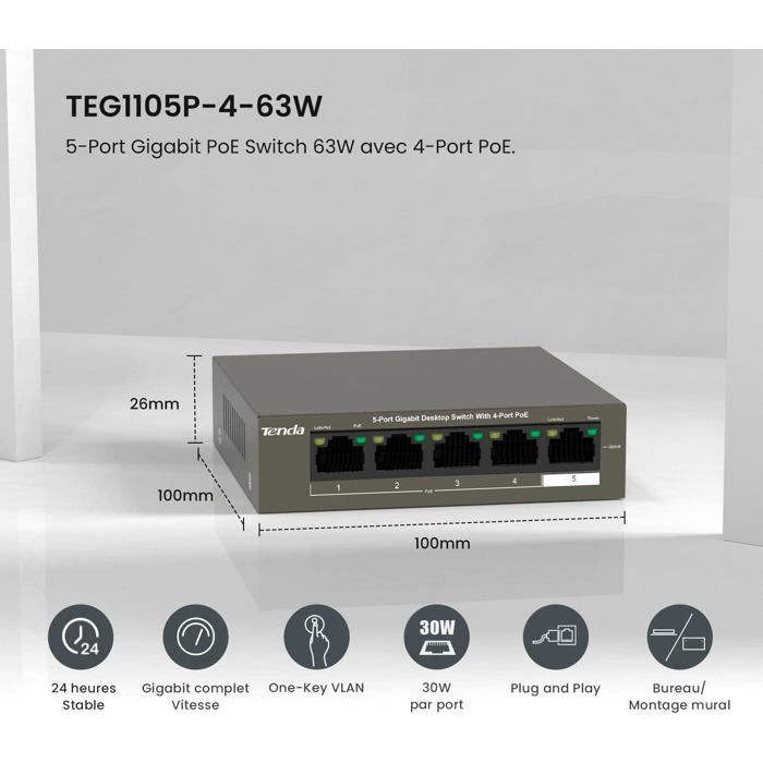 Switch PoE 5 Ports Gigabit - SWAPY - 4 Ports PoE - 63W - Plug and Play ...