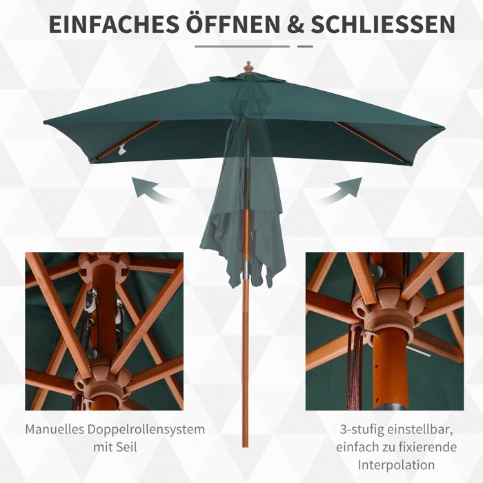 Parasol inclinable 200x150 cm vert, bois de sapin, 3 positions, jardin ...