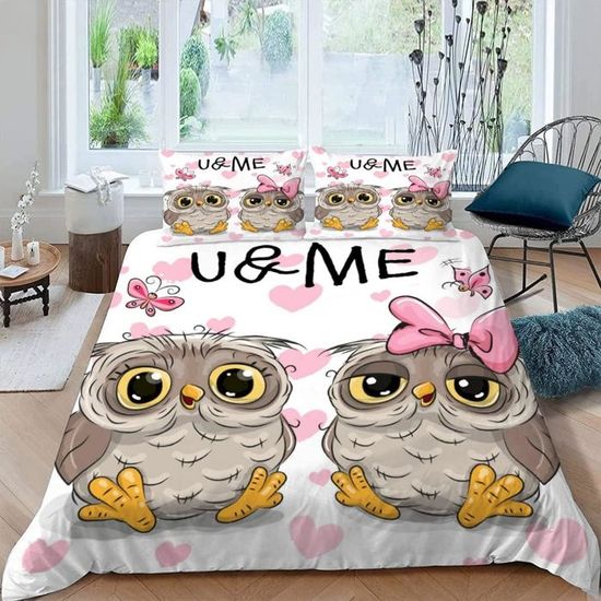 Housse De Couette 140X200 Chouette Parure De Lit 1 Personne Enfant 3D Motif Gris Rose Douce ...