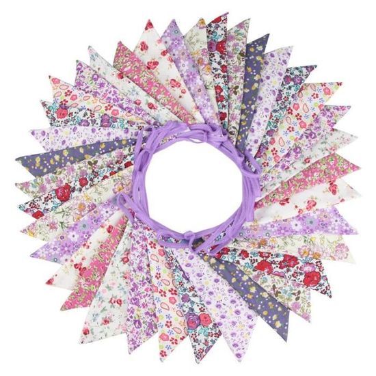 Violet - Banderoles en tissu coton, 36 drapeaux, fleurs colorées, 10m ...