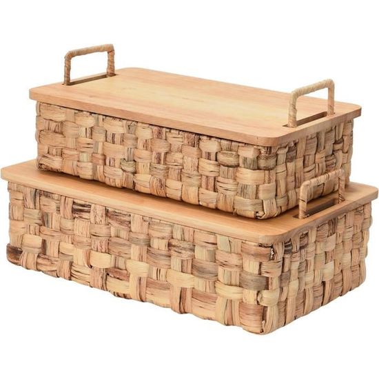 Lot De 2 Paniers Empilables En Jacinthe Naturelle Avec Couvercles En ...