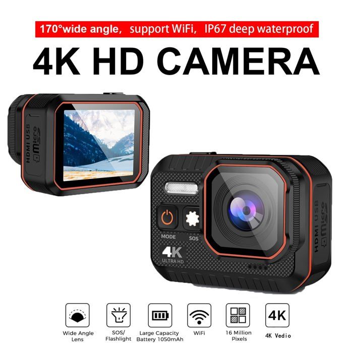 Caméra d'action 4K HD avec écran de télécommande, étanche, Sport ...