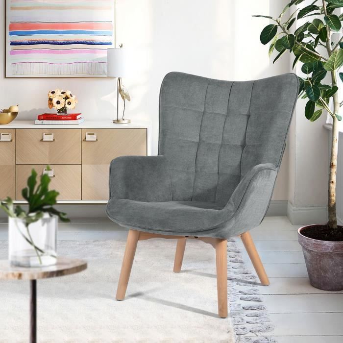 Fauteuil scandinave capitonné en tissue gris - Cdiscount Maison