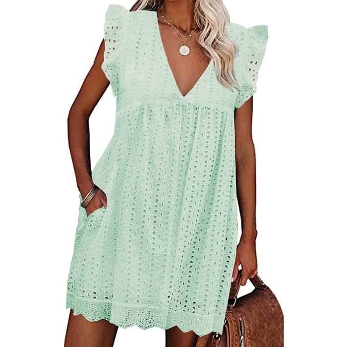 Robe Femme Ete Robe Courte avec Poches Robe Chic et Elegant Robe de Plage Col V Robe Robes à ...