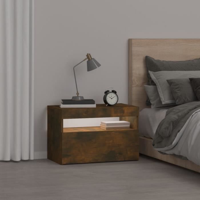 ZHUO Table de chevet avec lumières LED Chêne fumé 60x35x40 cm KN005 ...