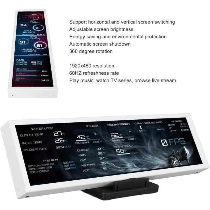 Moniteur De Température D'Ordinateur De 8,8 Pouces, 1920X480 Ips Usb C Écran De Capteur De Pc ...