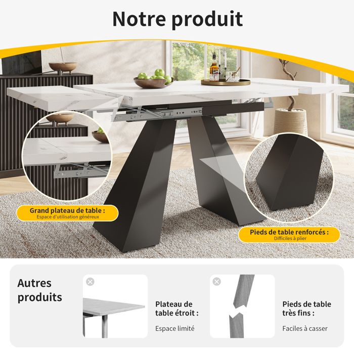 Table à Manger Extensible Rectangulaire avec Plateau Effet Marbre Blanc ...