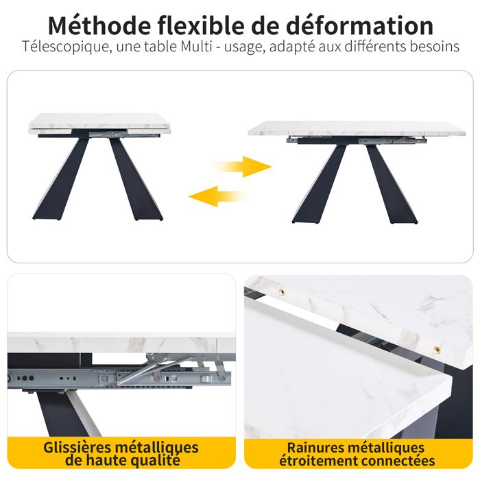 Table à Manger Extensible Rectangulaire avec Plateau Effet Marbre Blanc ...