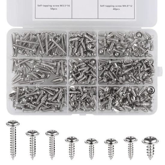 350Pcs Assortiment De Vis Autotaraudeuse M3 M3.5 M4 M4.8 Vis À Tole Argent Cylindrique Vis ...