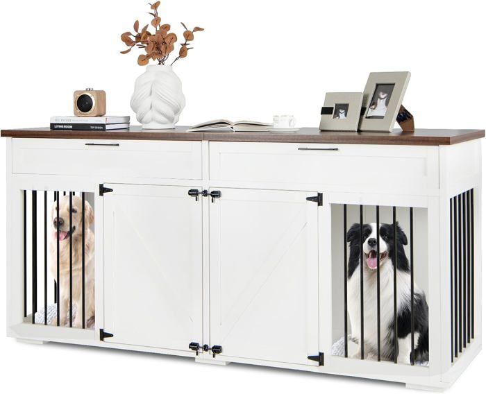 GOPLUS Meuble Cage pour Chien avec Double Porte, Plateau Spacieux, 2 ...