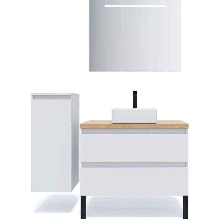 Ensemble salle de bain vasque posée 90cm 2 tiroirs Blanc + miroir ...