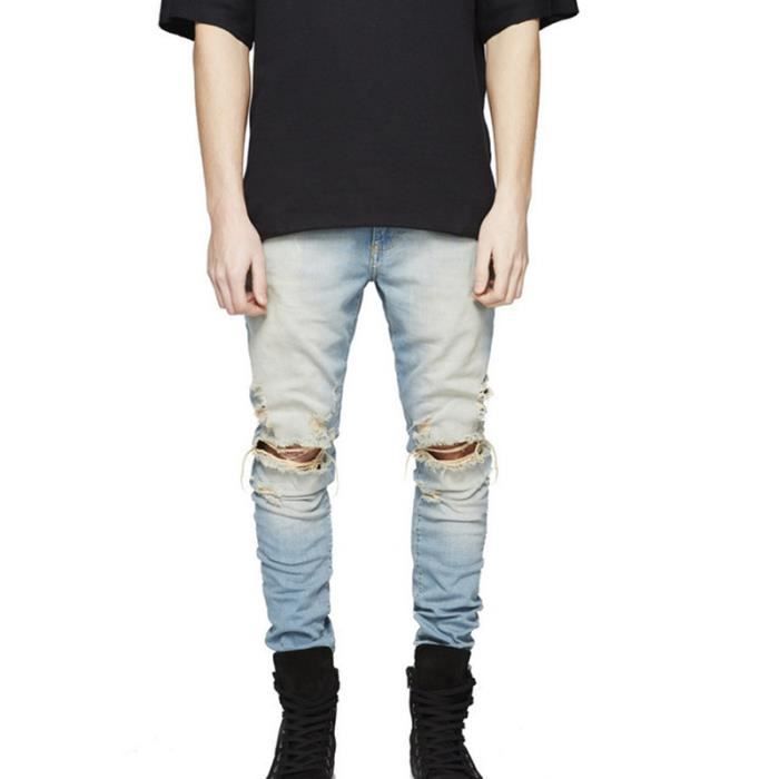 Pantalon homme Wash bleu jaune ripped jeans mode Hip hop de rue ...