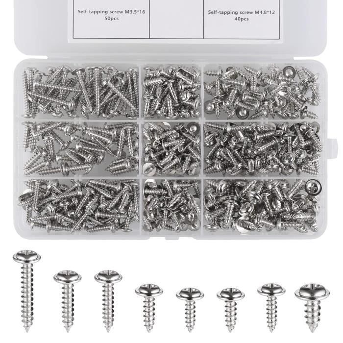 350Pcs Assortiment De Vis Autotaraudeuse M3 M3.5 M4 M4.8 Vis À Tole Argent Cylindrique Vis ...