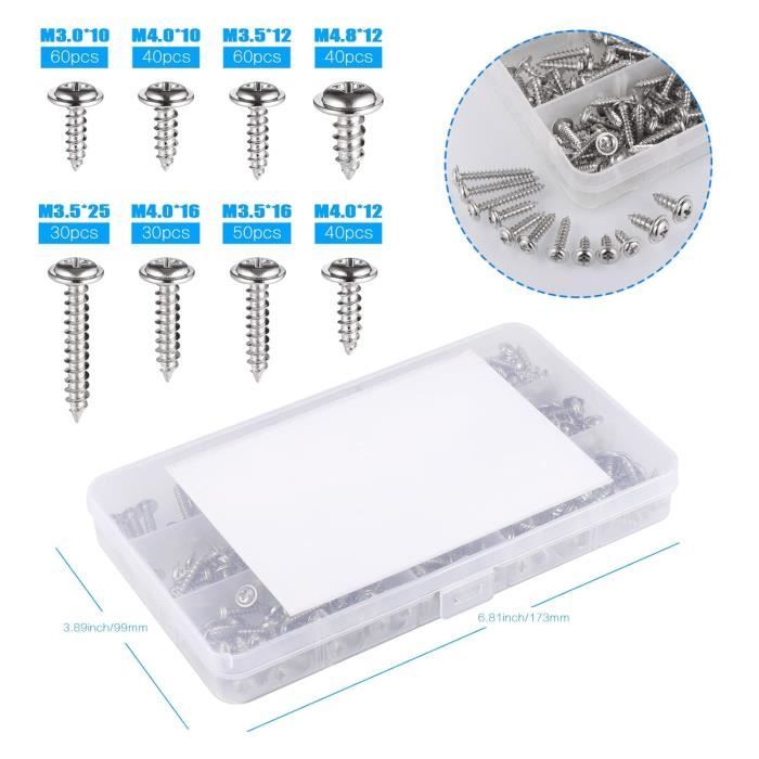 350Pcs Assortiment De Vis Autotaraudeuse M3 M3.5 M4 M4.8 Vis À Tole Argent Cylindrique Vis ...