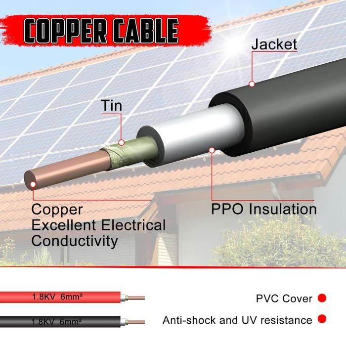 Câble de panneau solaire avec connecteur femelle et mâle, 3 m, 10 AWG ...
