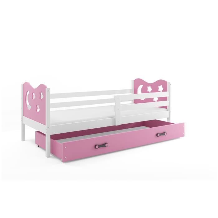 Lit enfant MIKO 190x90 avec matelas sommier et tiroir en BLANC+ROSE ...