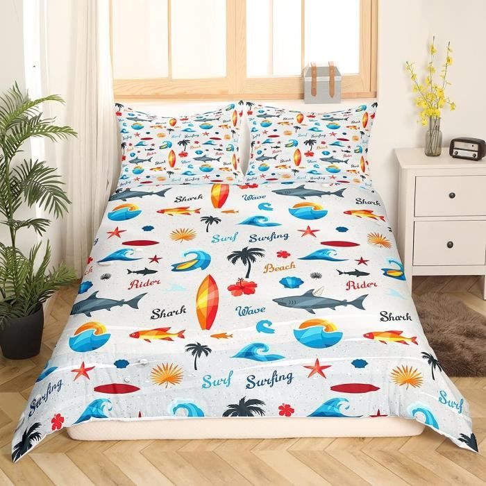 Ocean Beach Theme Parure De Lit 140X200Cm Marine Shark Summer Surfing ...