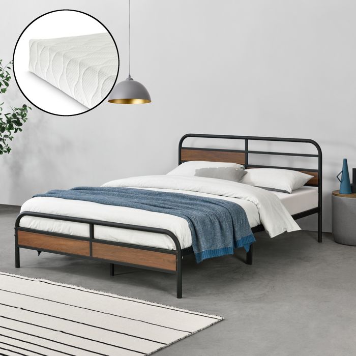 Cadre de Lit Double Aarau Matelas 140x200 cm Noir Mat Effet Noyer [neu ...