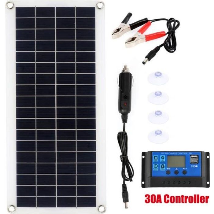 Kit de Panneau Solaire 100W 2 USB avec Contrôleur 30A Chargeur de Batterie Solaire pour Voiture ...