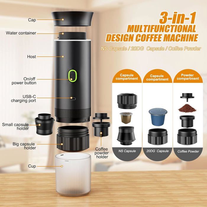 Mini Machine à Café Portable avec 7500mAh Batterie, Cafetière Expresso ...