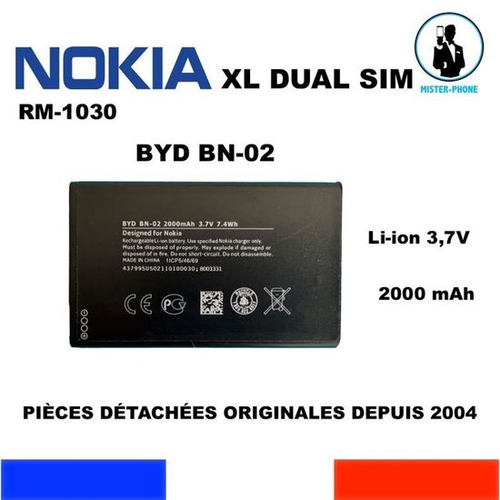 BATTERIE ORIGINALE REMPLACEMENT NOKIA XL DUAL SIM BYD BN-02 2000mAh 3 ...