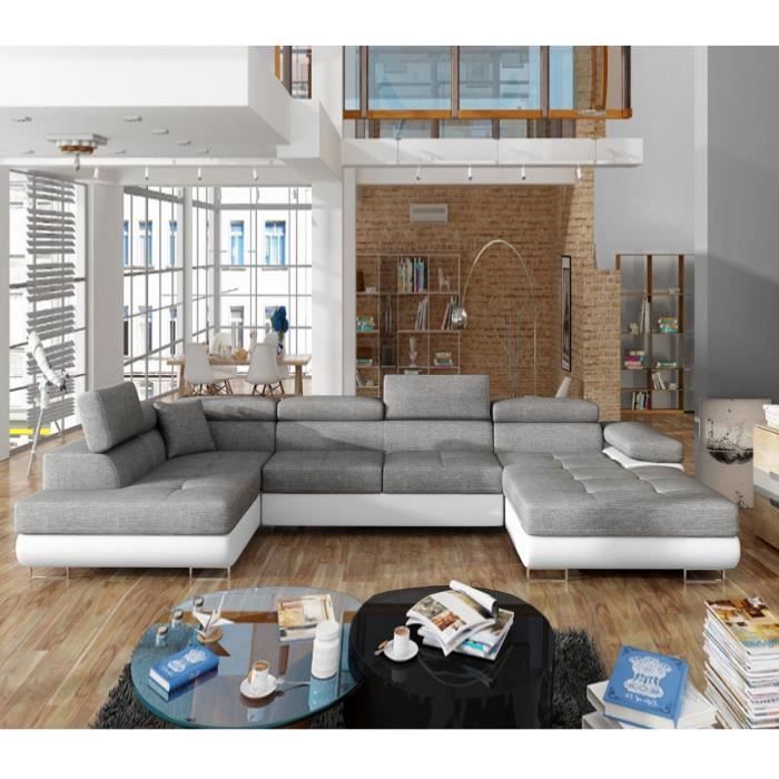 Canapé panoramique convertible coffre de rangement en tissu gris et ...
