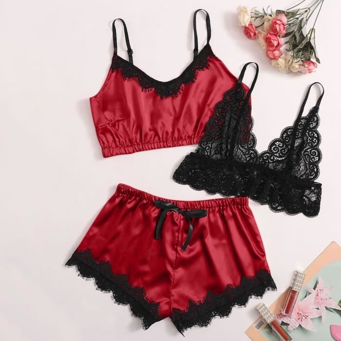 Femmes V-Neck Eyelash Lace Sexy Stain Camisole Pyjamas Bowknot Shorts ...