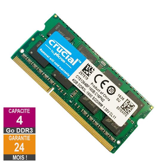 Barrette Mémoire 4Go RAM DDR3 Crucial CT51264BF160B.C16FN2 SO-DIMM PC3L-12800S 2Rx8 - Cdiscount ...