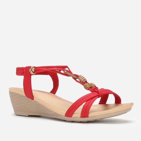 Sandales compensées rouges LA MODEUSE - perles ethniques - talon 5cm ...