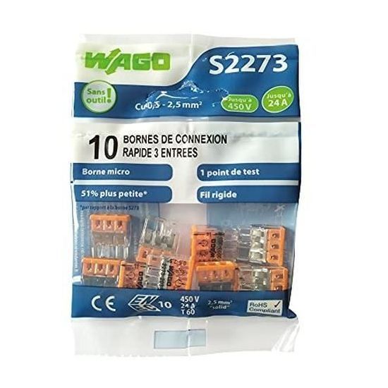 BORNES DE CONNEXION AUTOMATIQUE WAGO - BLISTER DE 10 BORNES 3 ENTRÉES ...