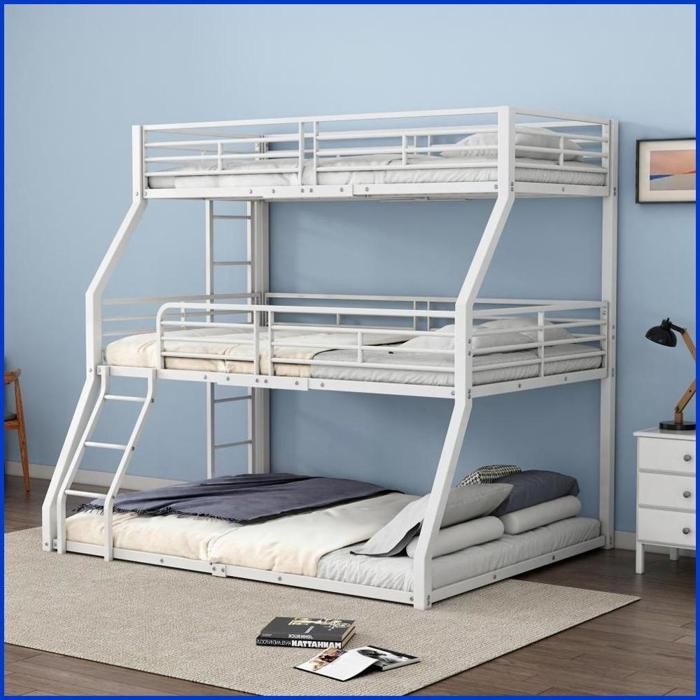Lit Superposé Triple Métal 90/120/140x200 cm Blanc - Enfants/Adultes ...