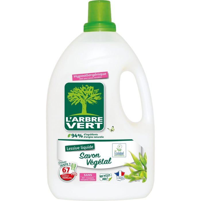 Lessive Ecolabel Savon Végétal - Hypoallergénique - 67 Lavages - 94% d ...