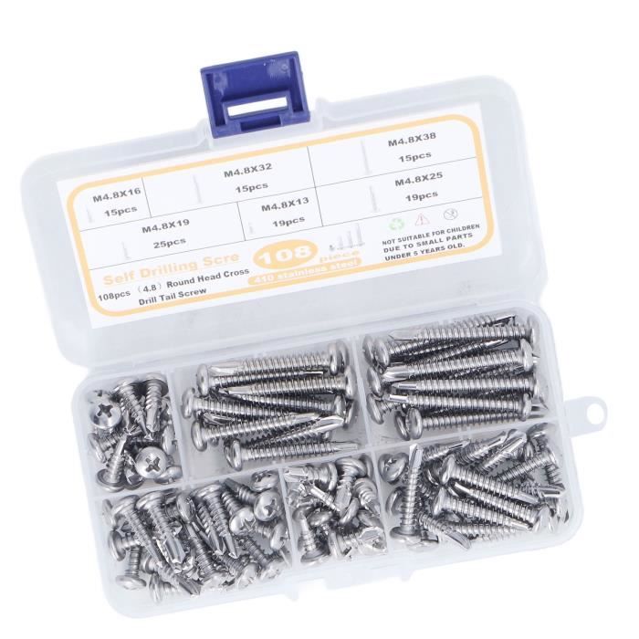 HURRISE Vis croisée Assortiment de 108 vis autoperceuses M4.8 à tête ronde en acier inoxydable ...