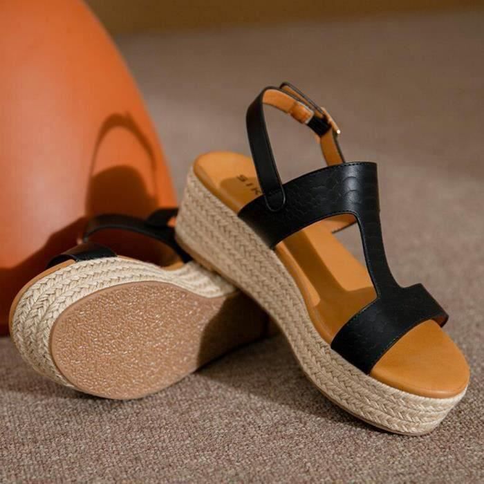 Sandales Femmes le corde de chanvre Sandales Chaussure Compensé Noir ...