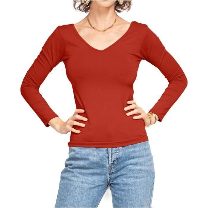 Tee shirt femme manches longues - MELA MODE - Col V - Rouge Rouge ...