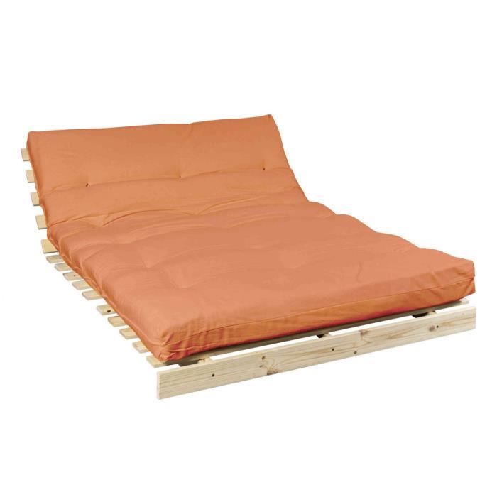 Pack futon matelas latex orange goyave structure en bois naturel ...